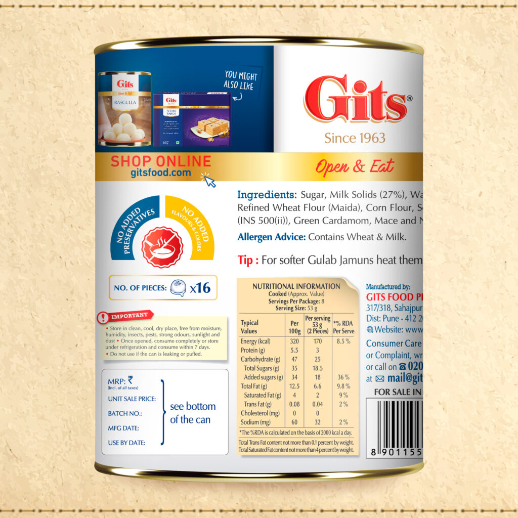 Gits Ready-to-Eat Gulab Jamun Tins 1 kg (Pack of 2) - Gits Food
